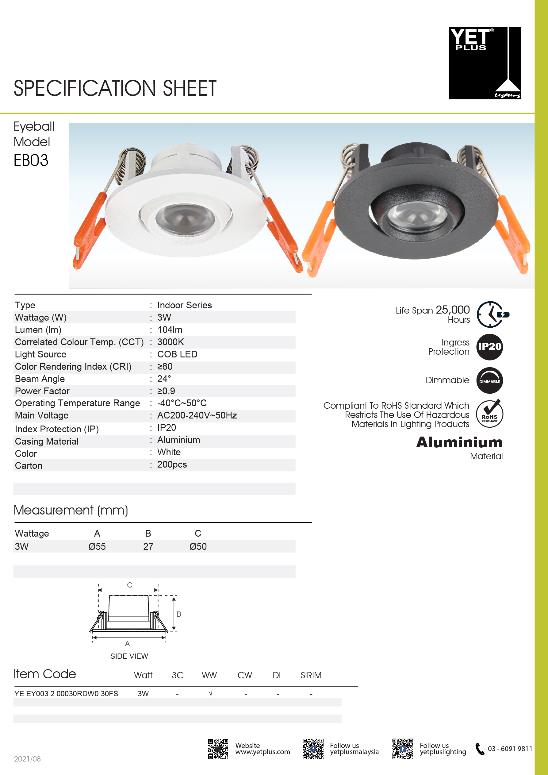 YET EB03 3W LED Eyeball Casing